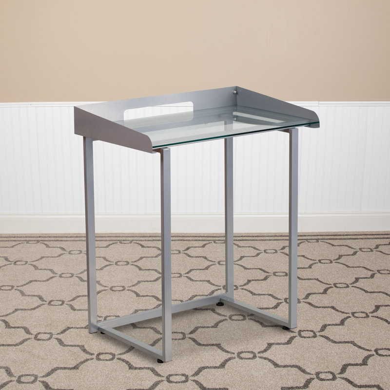 Dodie Clear Tempered Glass Desk w Raised Cable Management Border Silver Metal Frame